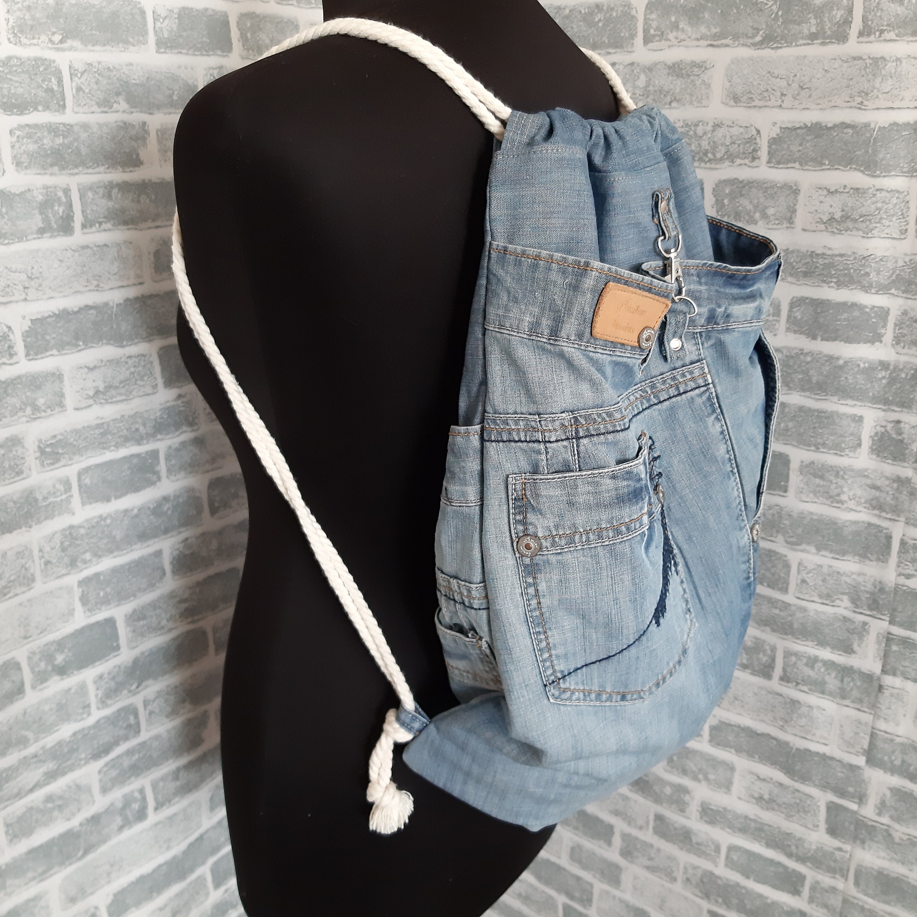 Drawstring Denim Backpack Casual Jean Urban Rucksack - Etsy