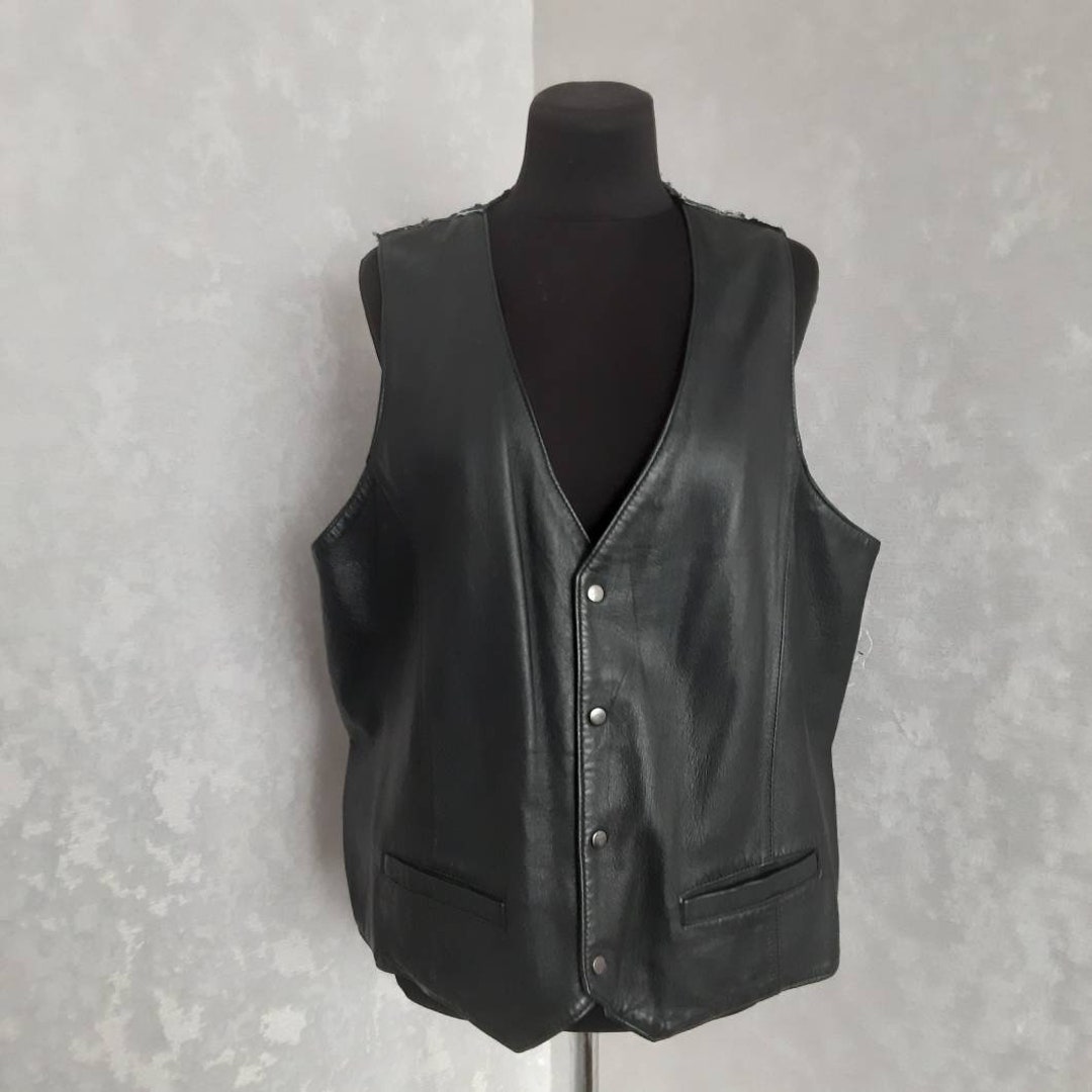Handmade Mens Black Leather Vest With Distressed Denim Patches, Boro ...