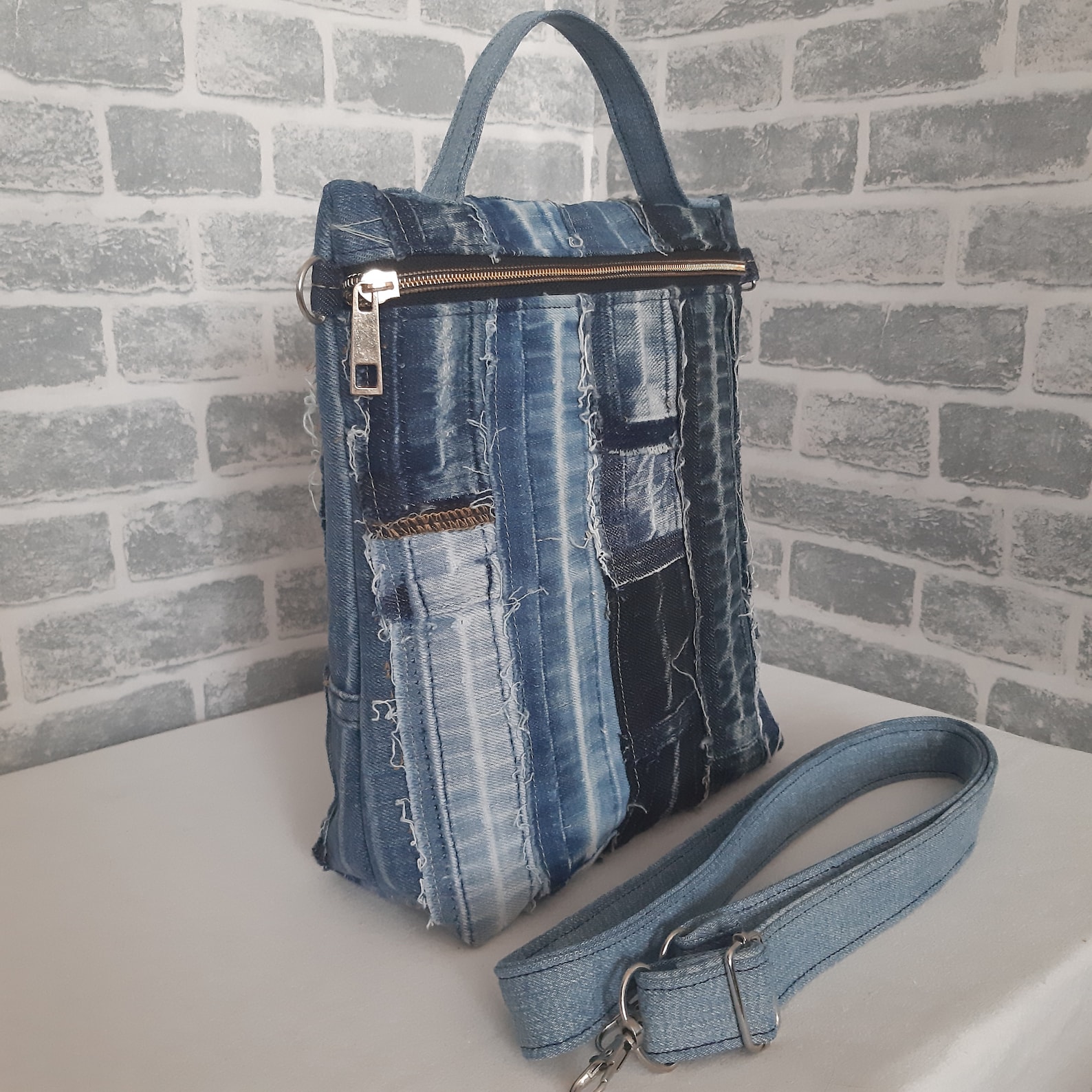 Boro denim handbag Casual patchwork jean bag medium size | Etsy