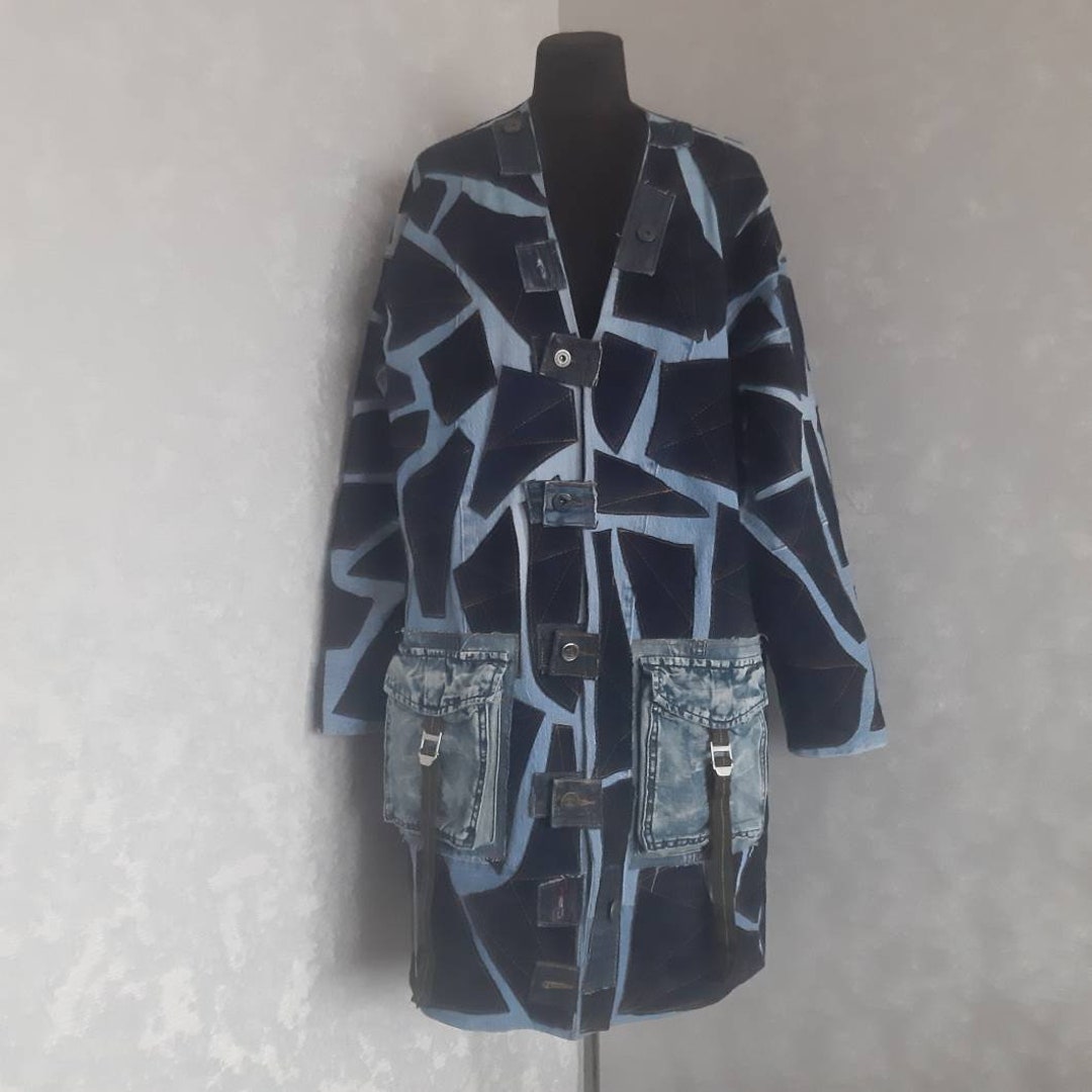 Unisex Spotted Patchwork Denim Coat Size 2XL, Boro Long Jacket From ...