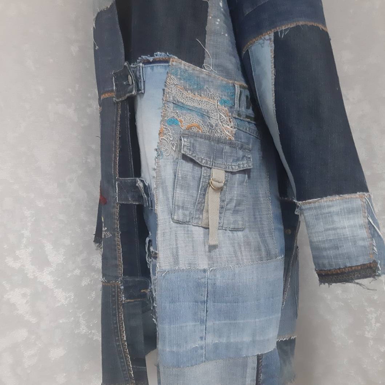 Blue Patchwork Denim Coat Size XL Boro Long Jacket From - Etsy