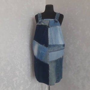 L Denim Patchwork Overall Dress, Casual Mini Sarafan of Shabby Jeans ...