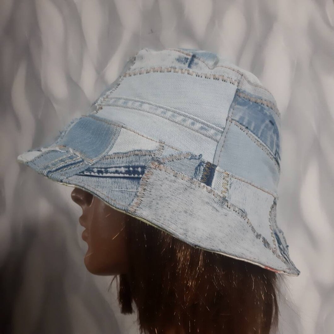 Handmade Denim Patchwork Hat 23", Boho Light Blue Jean Hat in Street ...