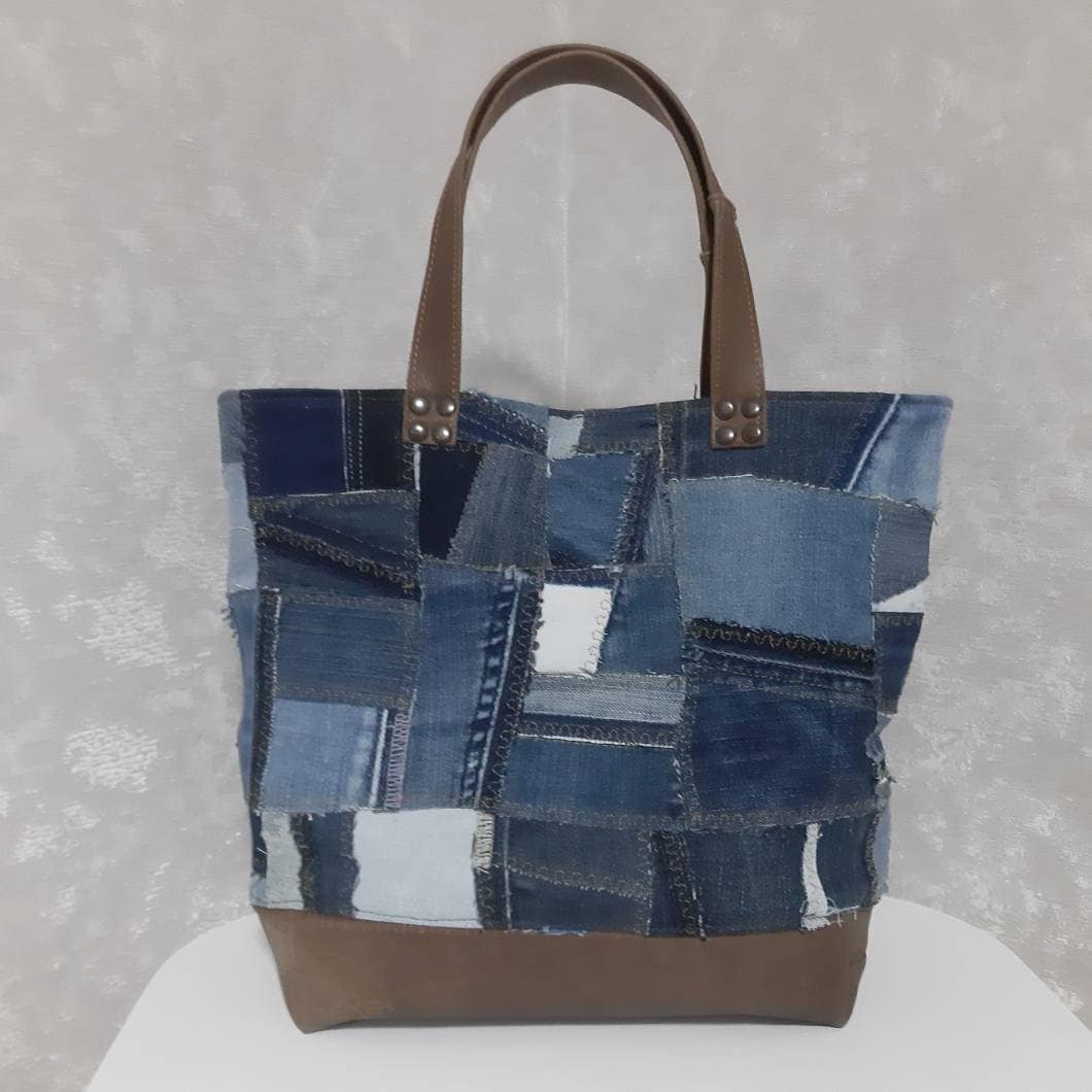 Denim Leather Patchwork Top Handles Bag Casual Jeans Bag - Etsy