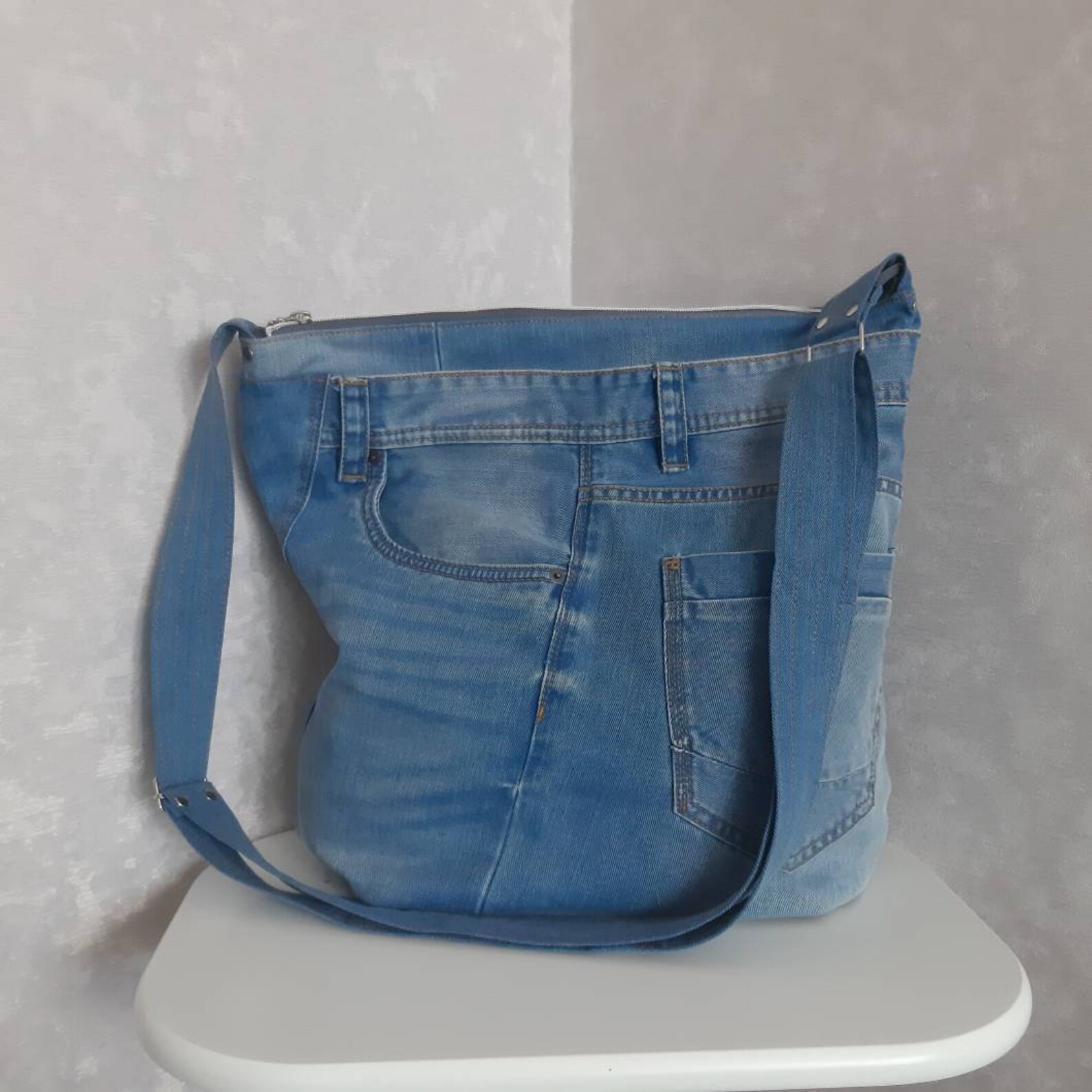 Unisex large denim bag hipster style of recycled jeans Casual | Etsy