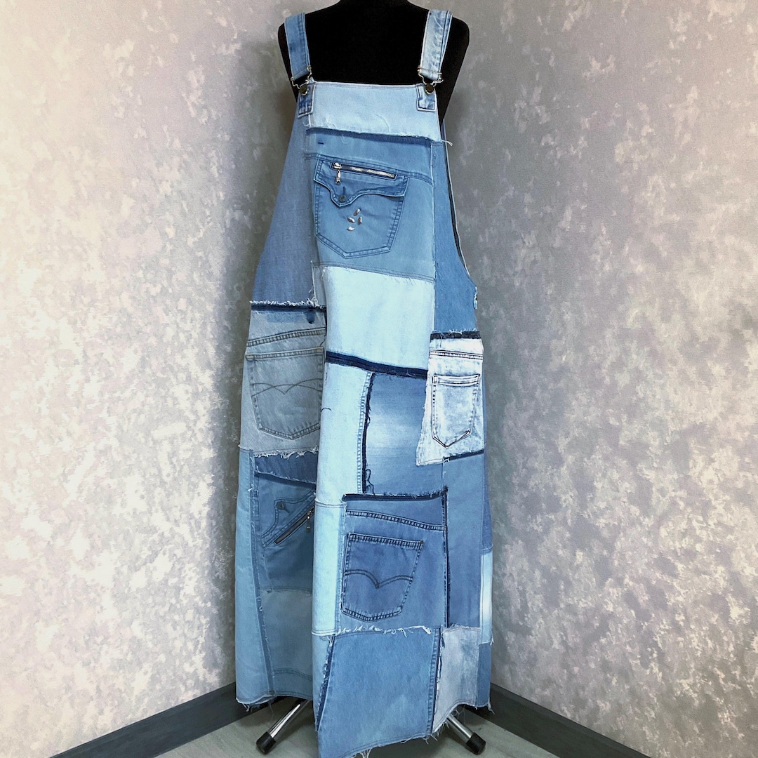 Handmade 2XL Denim Patchwork Overall Dress, Casual Long Sarafan of ...