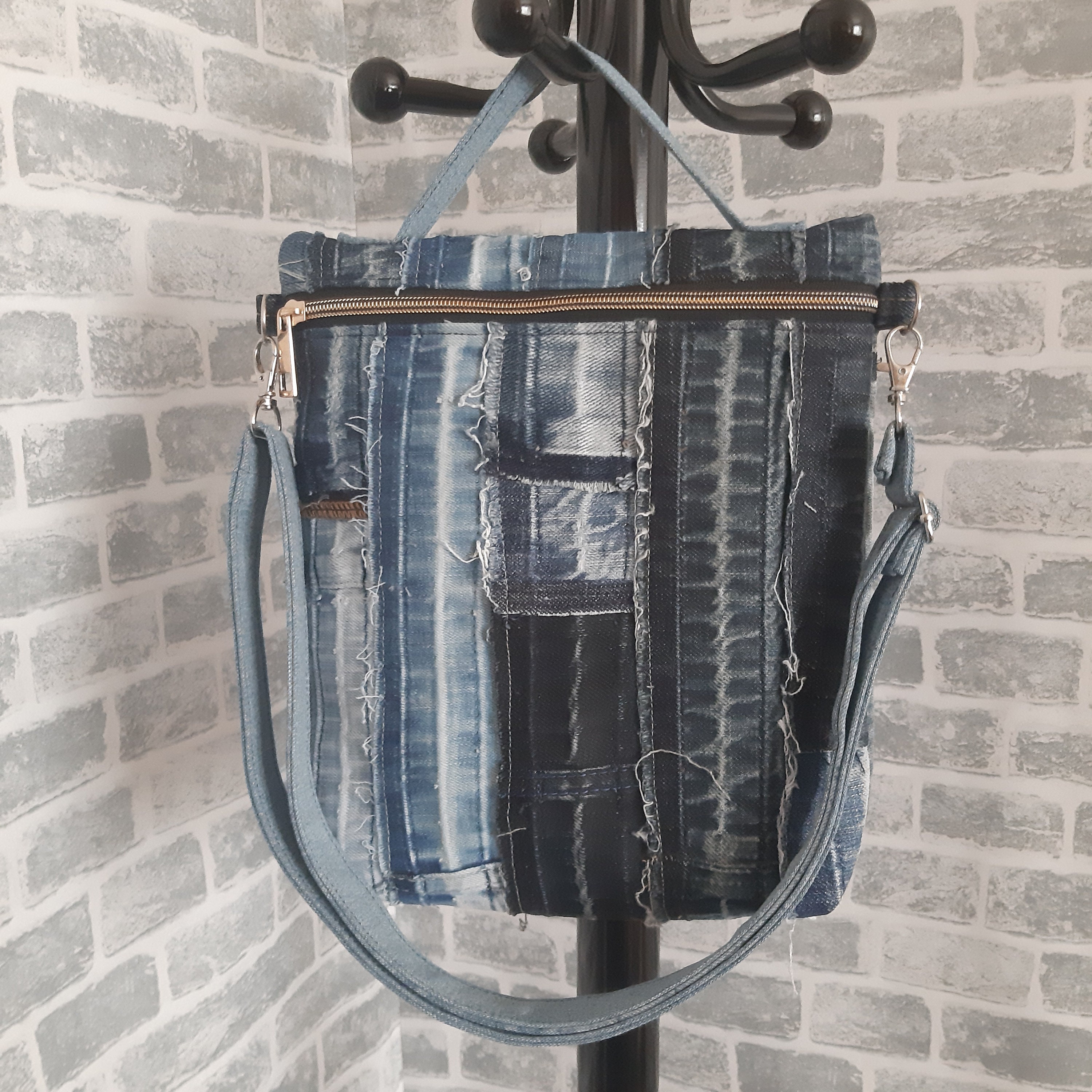 Boro denim handbag Casual patchwork jean bag medium size | Etsy