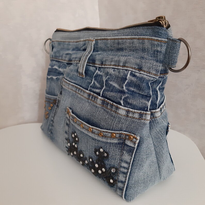 Large denim cosmetic bag for travel with optional adjustable | Etsy