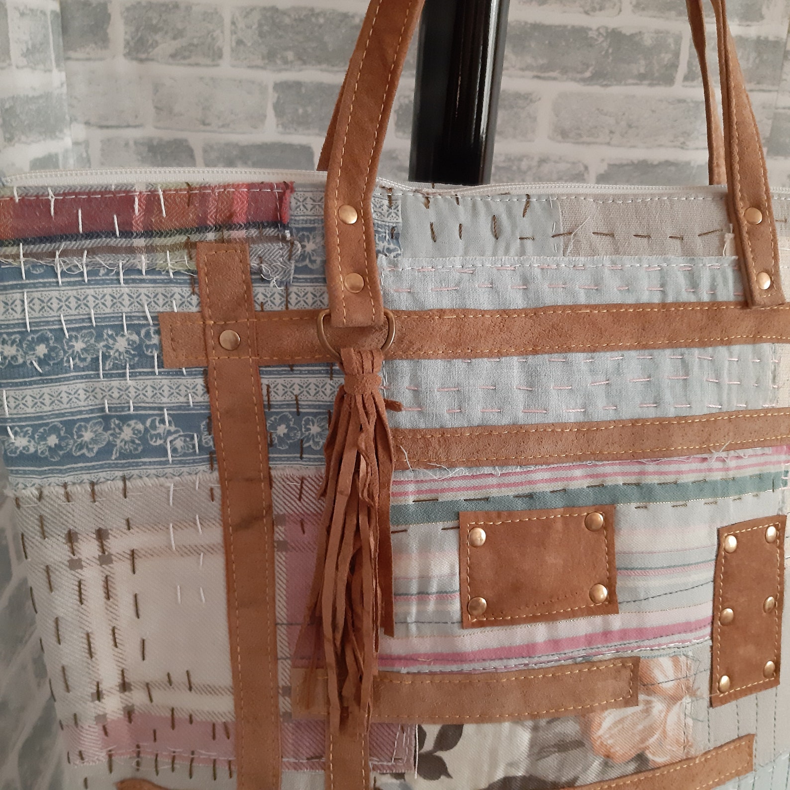 Patchwork hobo bag with Sashiko embroidery and decorative | Etsy