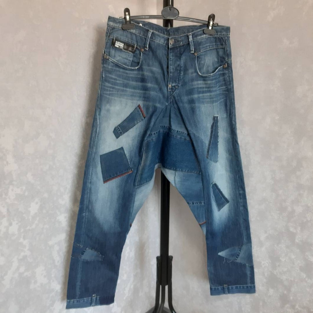 Handmade XL Denim Shabby Harem Pants Waist 35", Patchwork Baggy Jeans ...