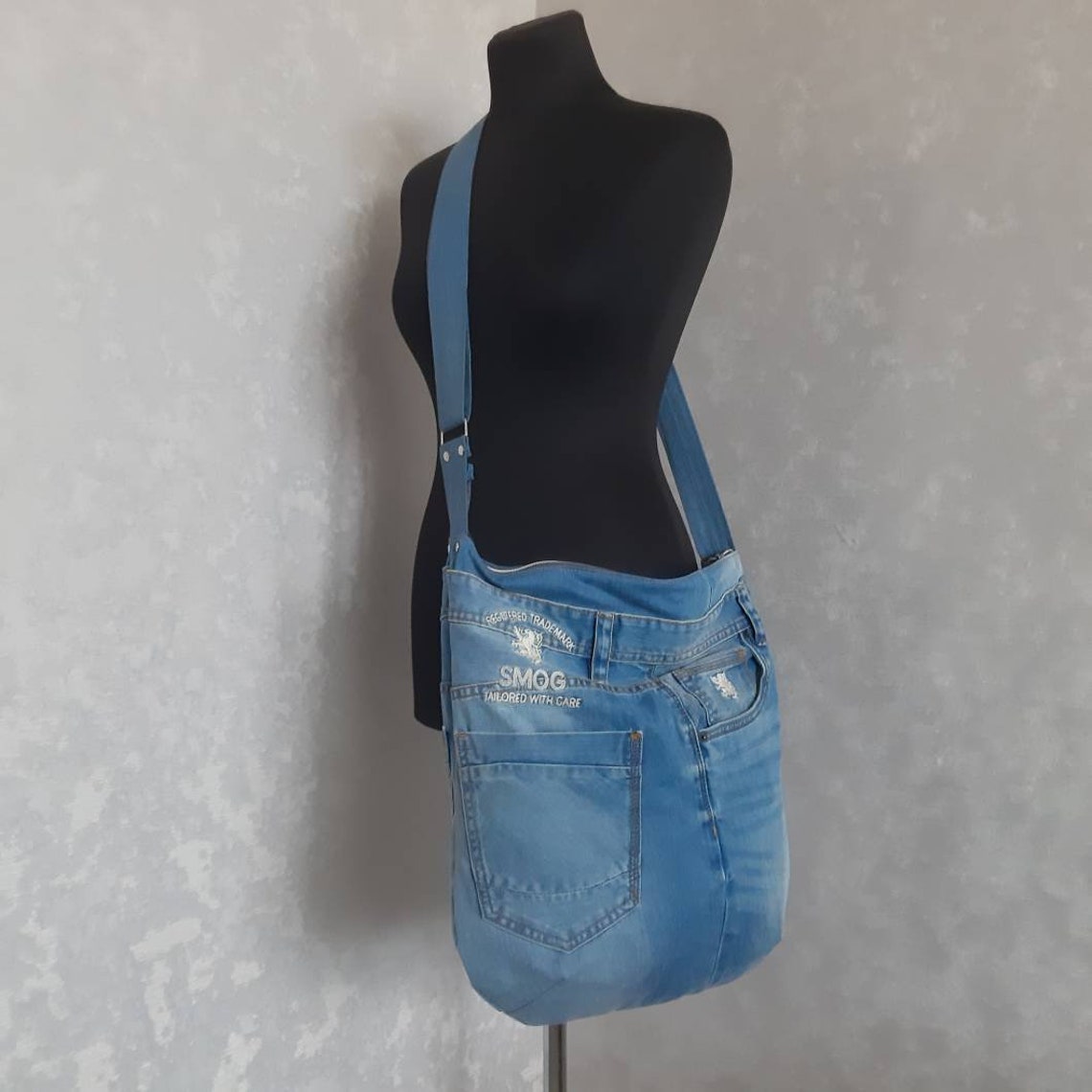 Unisex large denim bag hipster style of recycled jeans Casual | Etsy
