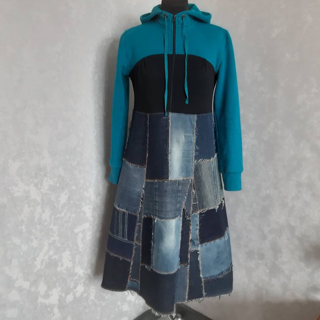 Handmade Boho Patchwork Dress, Dark Blue Denim Hoodie Dress, Boro ...