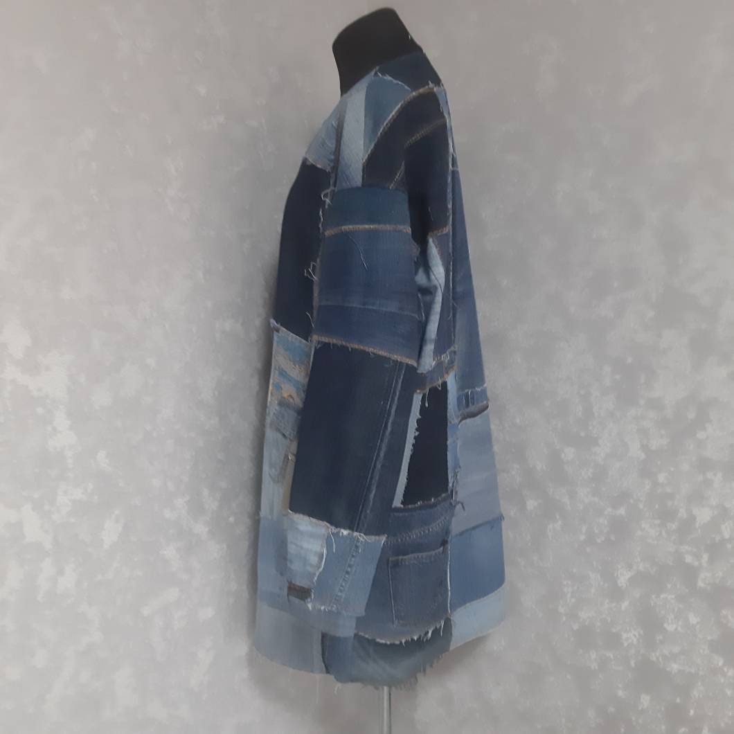 Blue Patchwork Denim Coat Size XL Boro Long Jacket From - Etsy