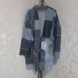 Blue Patchwork Denim Coat Size XL, Boro Long Jacket From Recycled Jean Distressed Patches - Etsy