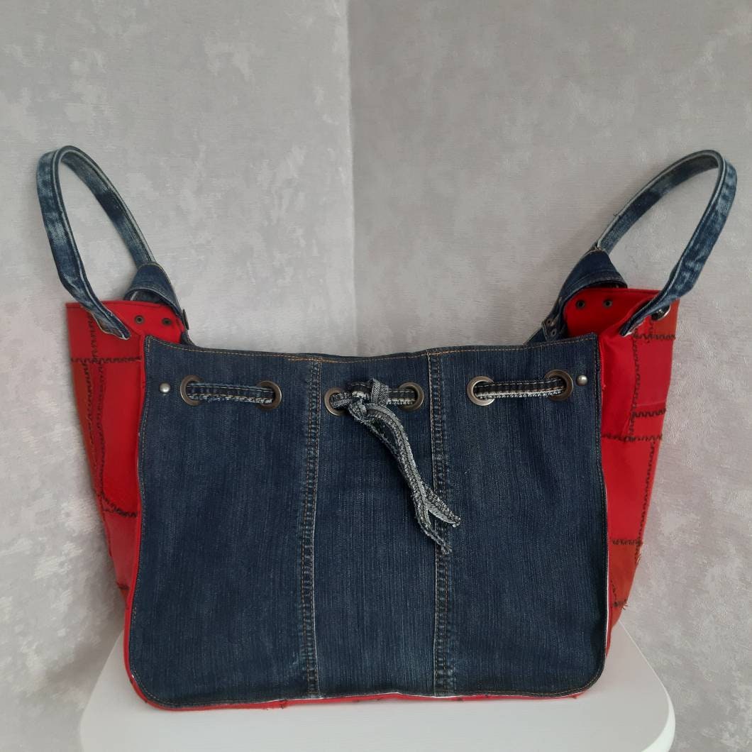 Red Blue Patchwork Denim Bag Casual Large Bag of Shabby - Etsy