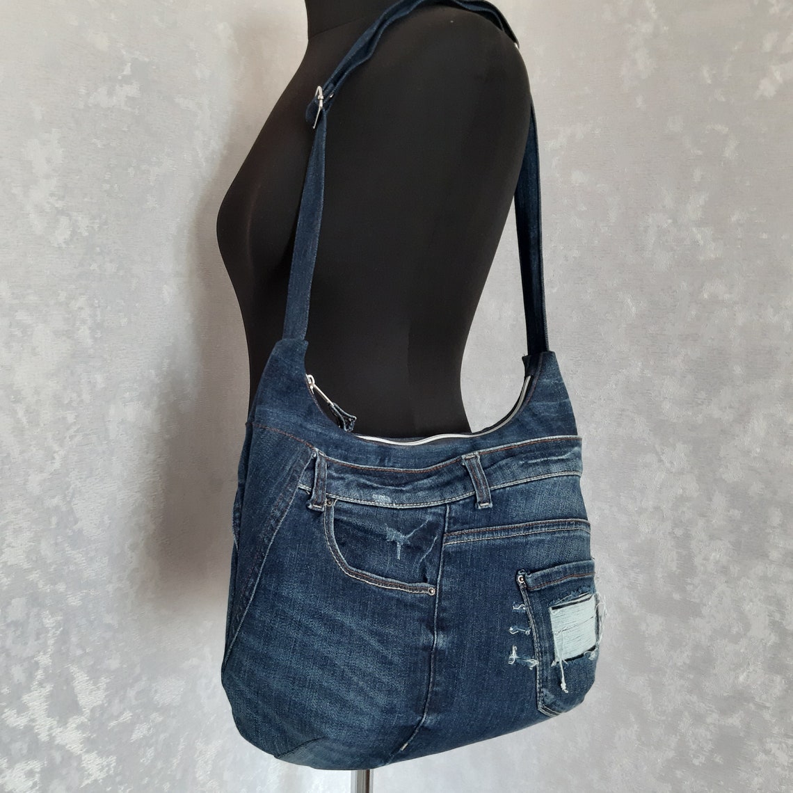 Hobo denim bag medium size Jean shoulder bag Casual handbag of | Etsy