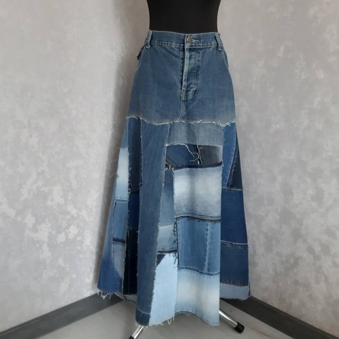 3XL Oversize Denim Patchwork Skirt Waist 44, Casual Plus Size Long ...