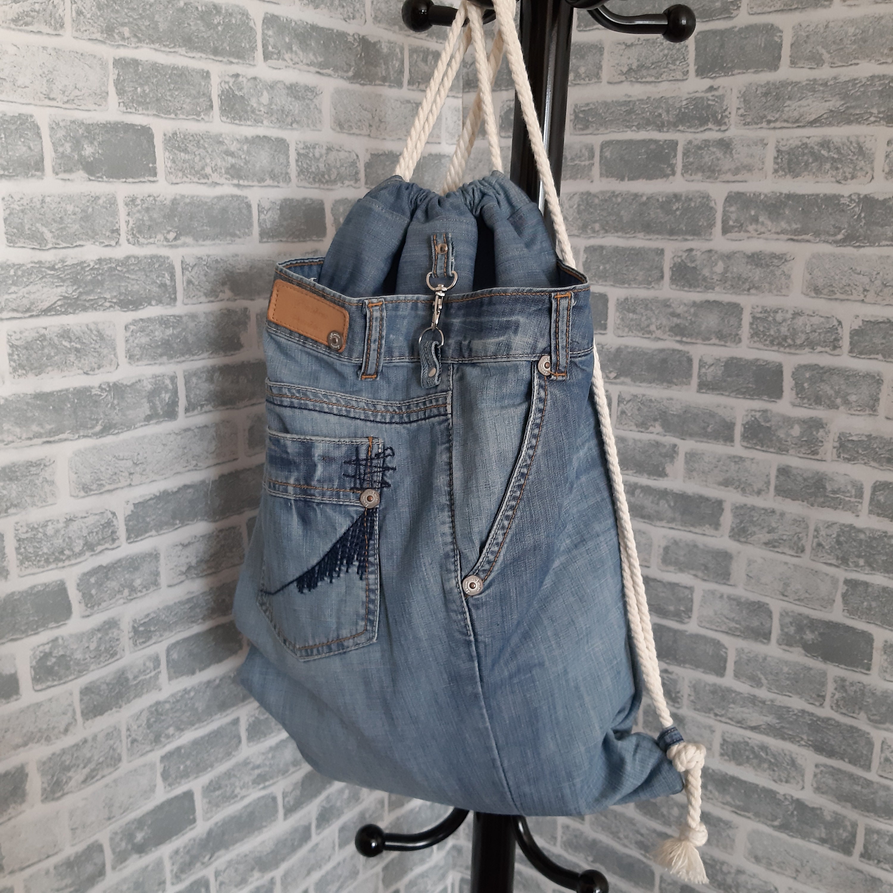 Drawstring Denim Backpack Casual Jean Urban Rucksack - Etsy
