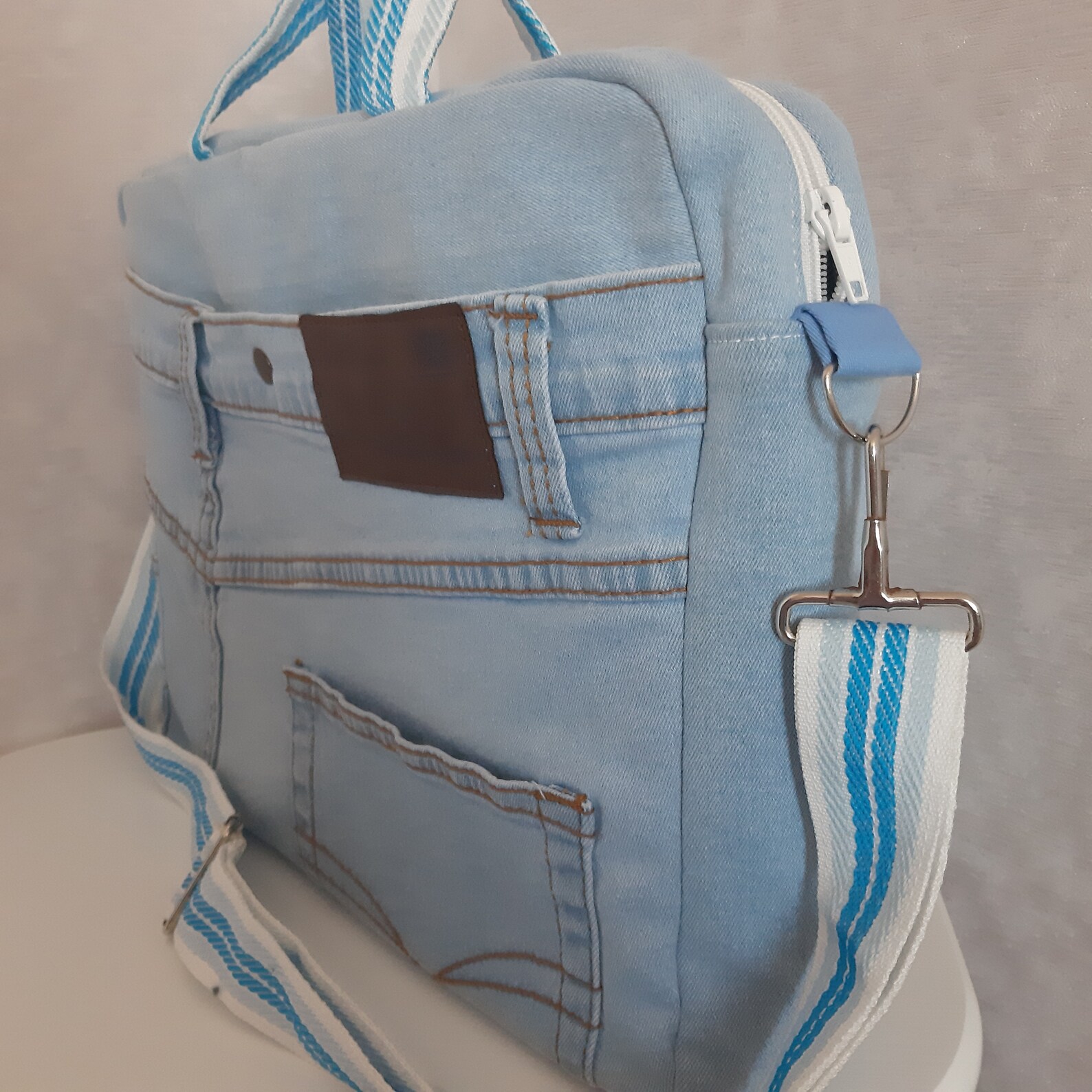 Denim laptop bag Casual jean bag for college Light blue | Etsy