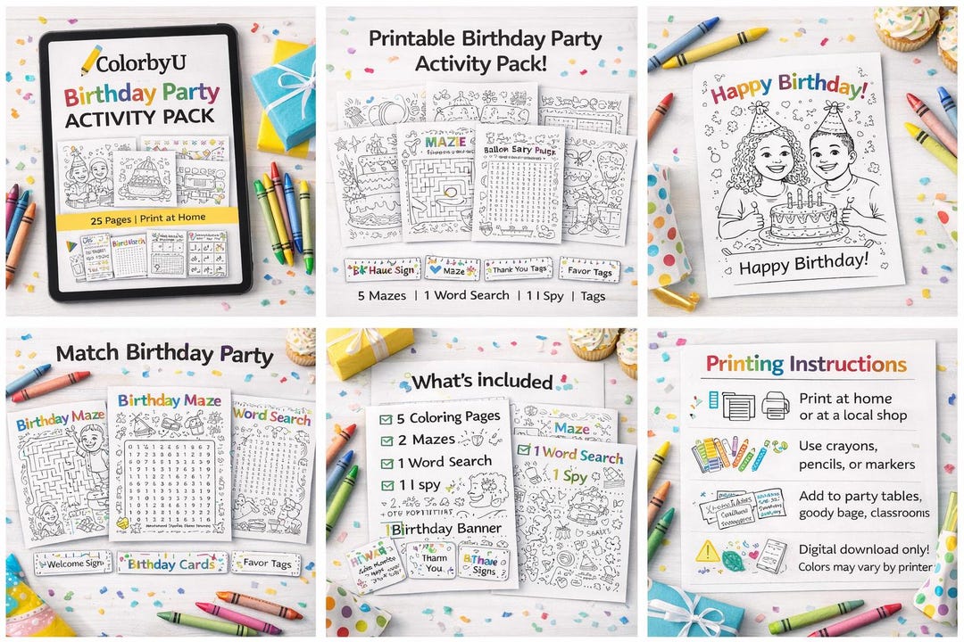 Birthday Party Activity Pack Printable, Coloring Pages and Games, Kids ...