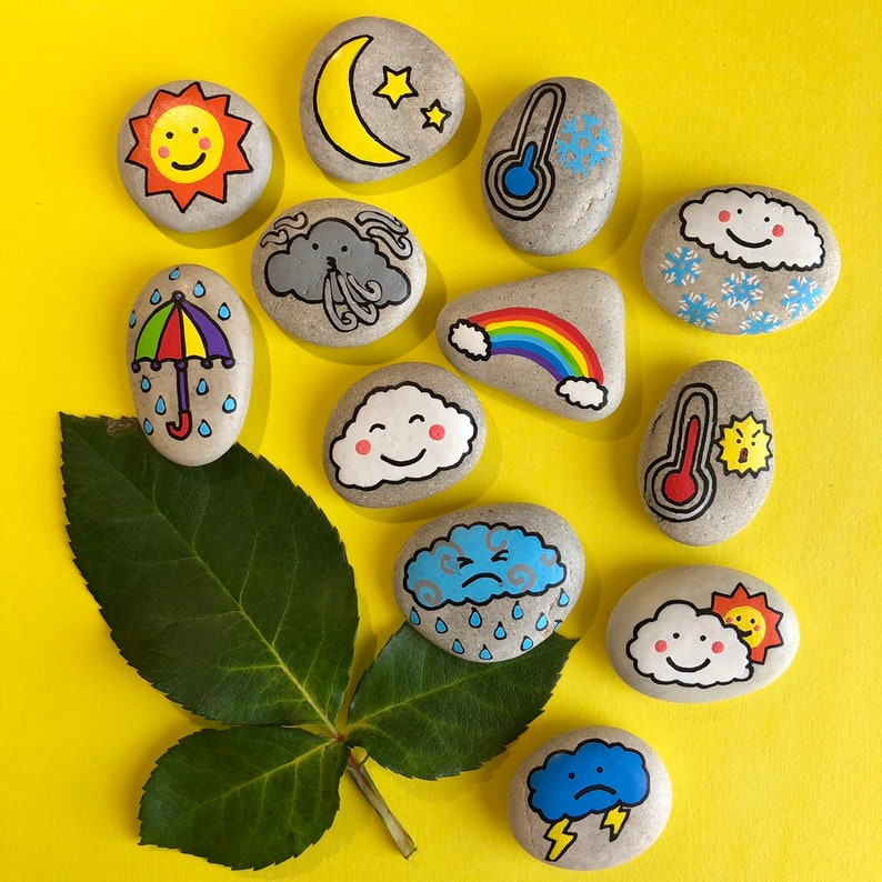 Weather Story Stones, Hand Painted Stones for Kids Learning, Home ...