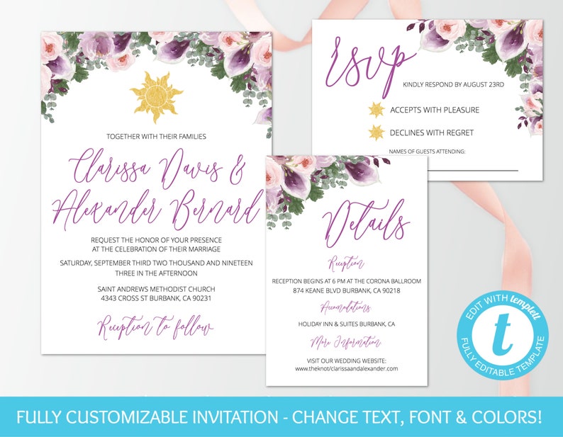 Tangled Inspired Wedding Invitation Suite Includes Editable Invitation ...