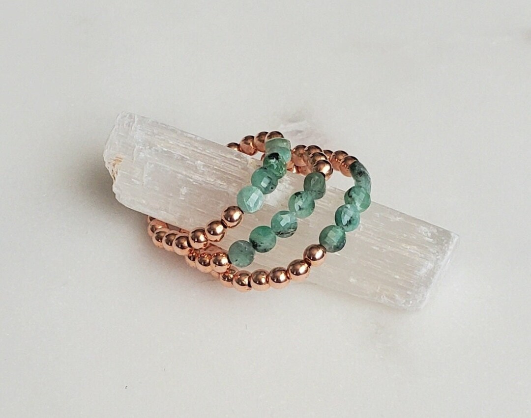Emerald Ring, Stretch Copper Ring, Raw Stone Ring, Handmade Beaded Ring, Green Gemstone Ring ...