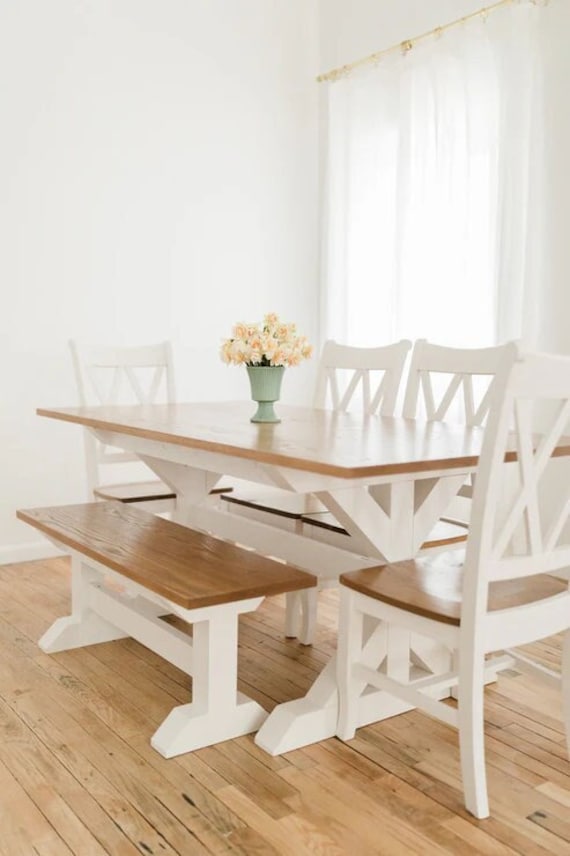 HUNTER Custom Rustic Trestle Farmhouse Table Rustic Truss Farm House Table Farmhouse Kitchen Table With Bench Dine Chairs Dining Set Etsy