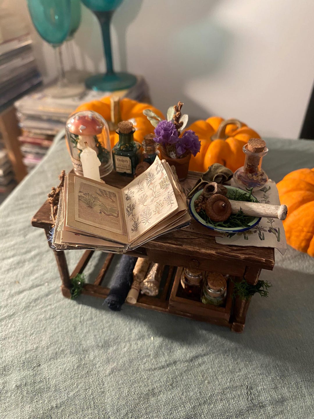 Miniature Green Witches Kitchen Table With Herb Book and Ingredients - Etsy