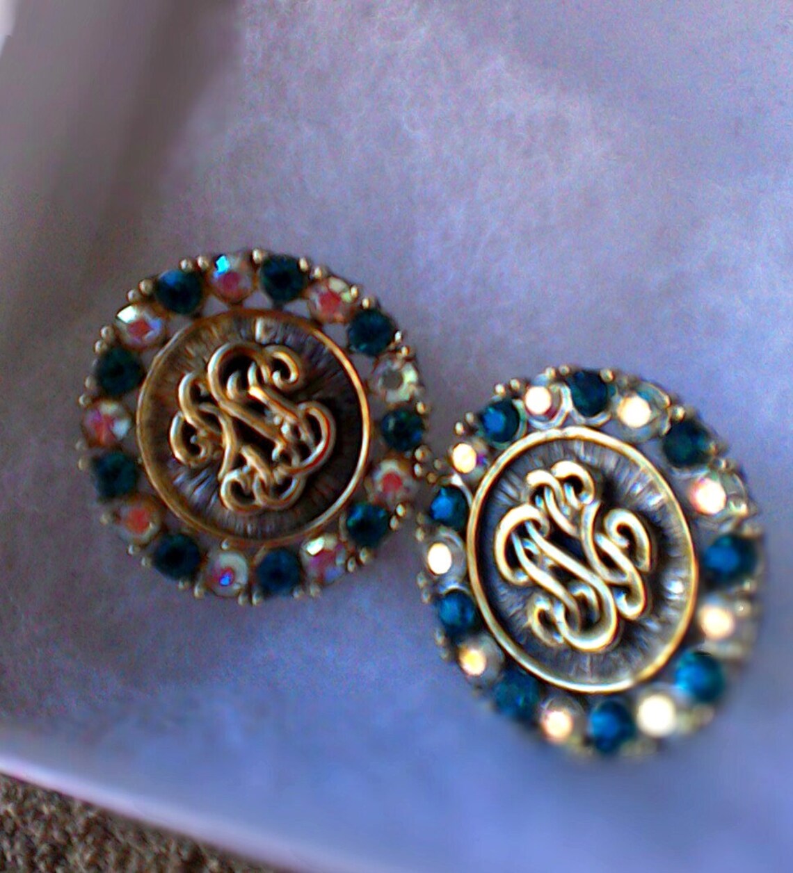 Vintage Monogrammed Multi-colored Rhinestones Button Clasp Earrings - Etsy