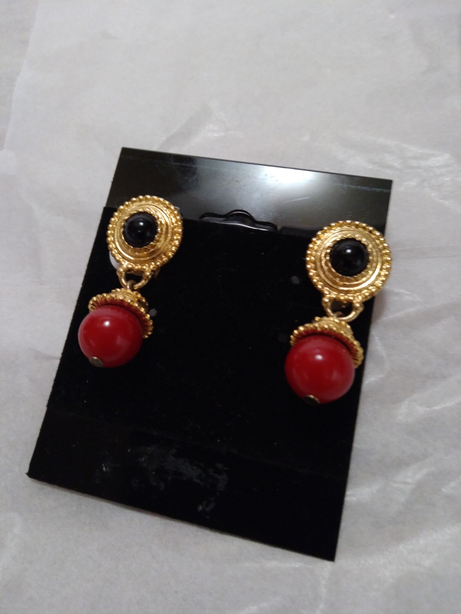 Gold Tone Dangle Clasp Earrings With Red and Dark Black Beads - Etsy