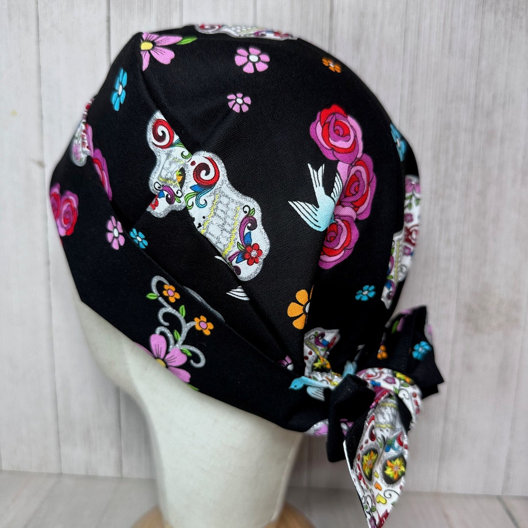 Sparkle Sugar Skulls Pixie Tie-back Scrub Cap for Women, Dia De Los ...