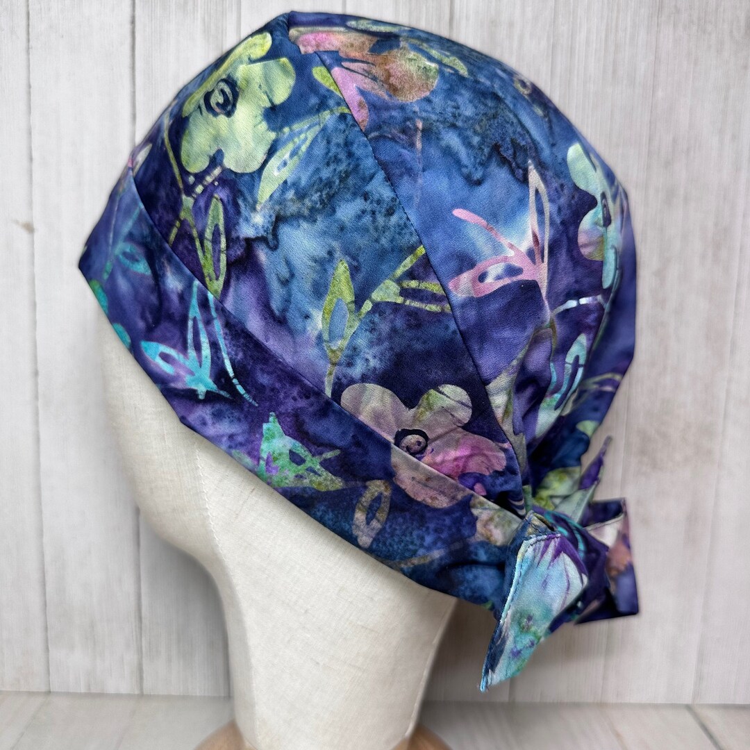 Purple Blue Floral Batik Pixie Tie-back Scrub Cap for Women, Rich Hue ...