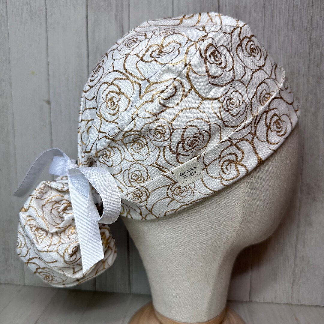 Gold Roses Ponytail Scrub Cap: Women's Metallic Floral Surgical OR Hat ...