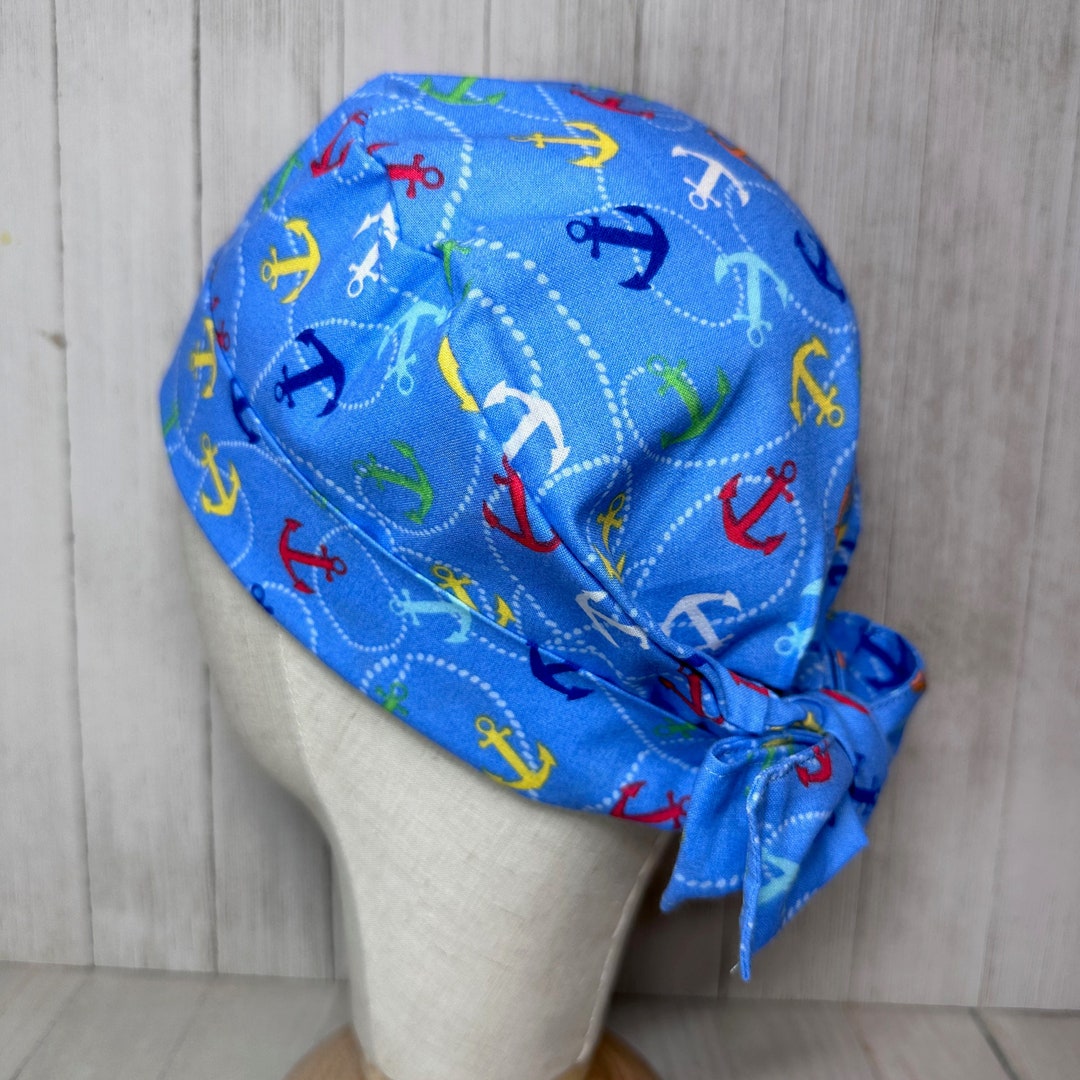 Anchor Pixie Tie-back Scrub Cap for Women, Nautical Summer Fun OR Surgical Hat, Boating Sailing ...