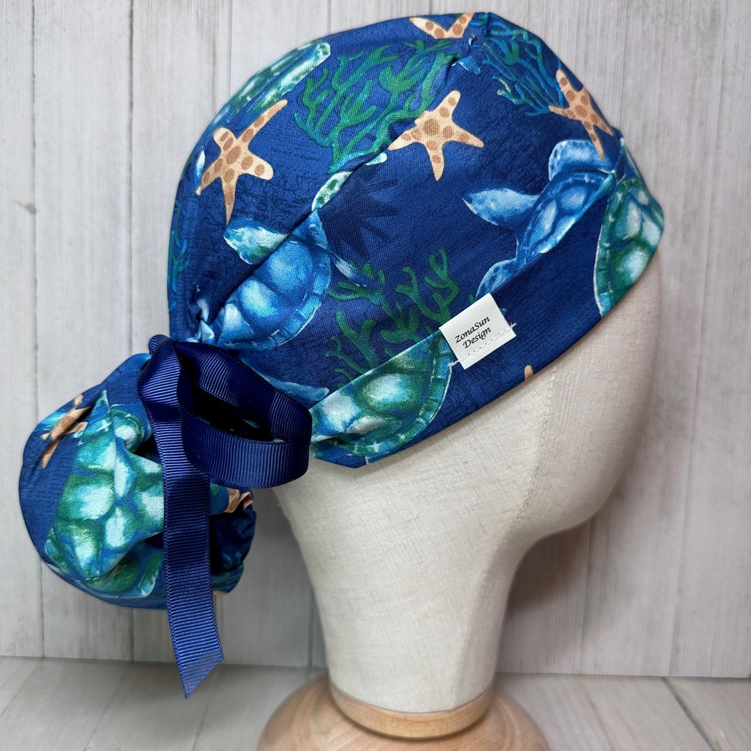 Sea Turtles, Starfish & Coral Ponytail Scrub Cap for Women, Marine ...