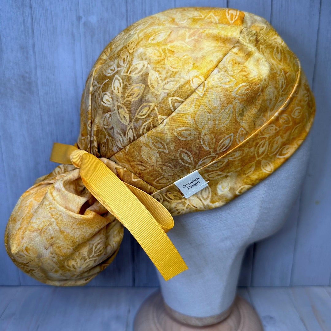 Gold Leaves Batik Ponytail Scrub Cap for Women, Jewel Tones OR Surgical ...