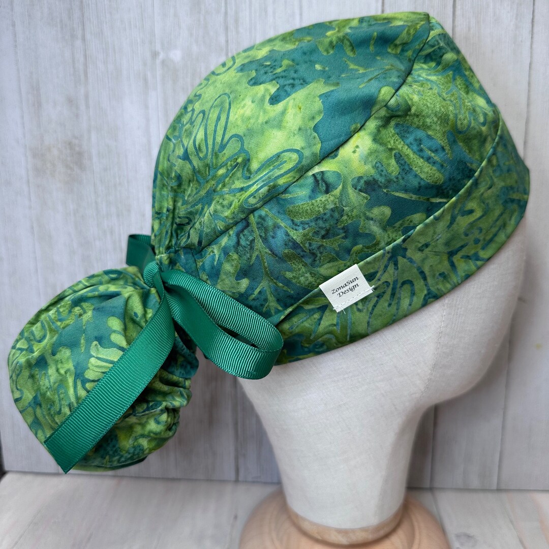 Oak Leaf Batik Ponytail Scrub Cap for Women, Shades of Green OR ...