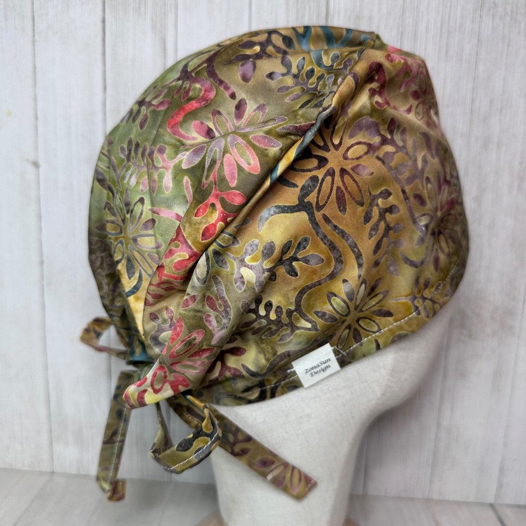 Earth Tone Floral Batik Unisex Tie-back Scrub Cap for Men/women ...