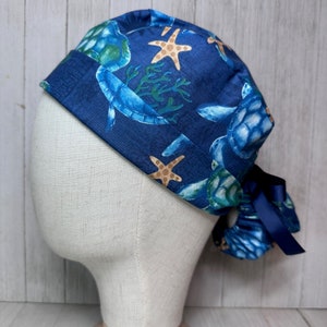 Sea Turtles, Starfish & Coral Ponytail Scrub Cap for Women, Marine ...