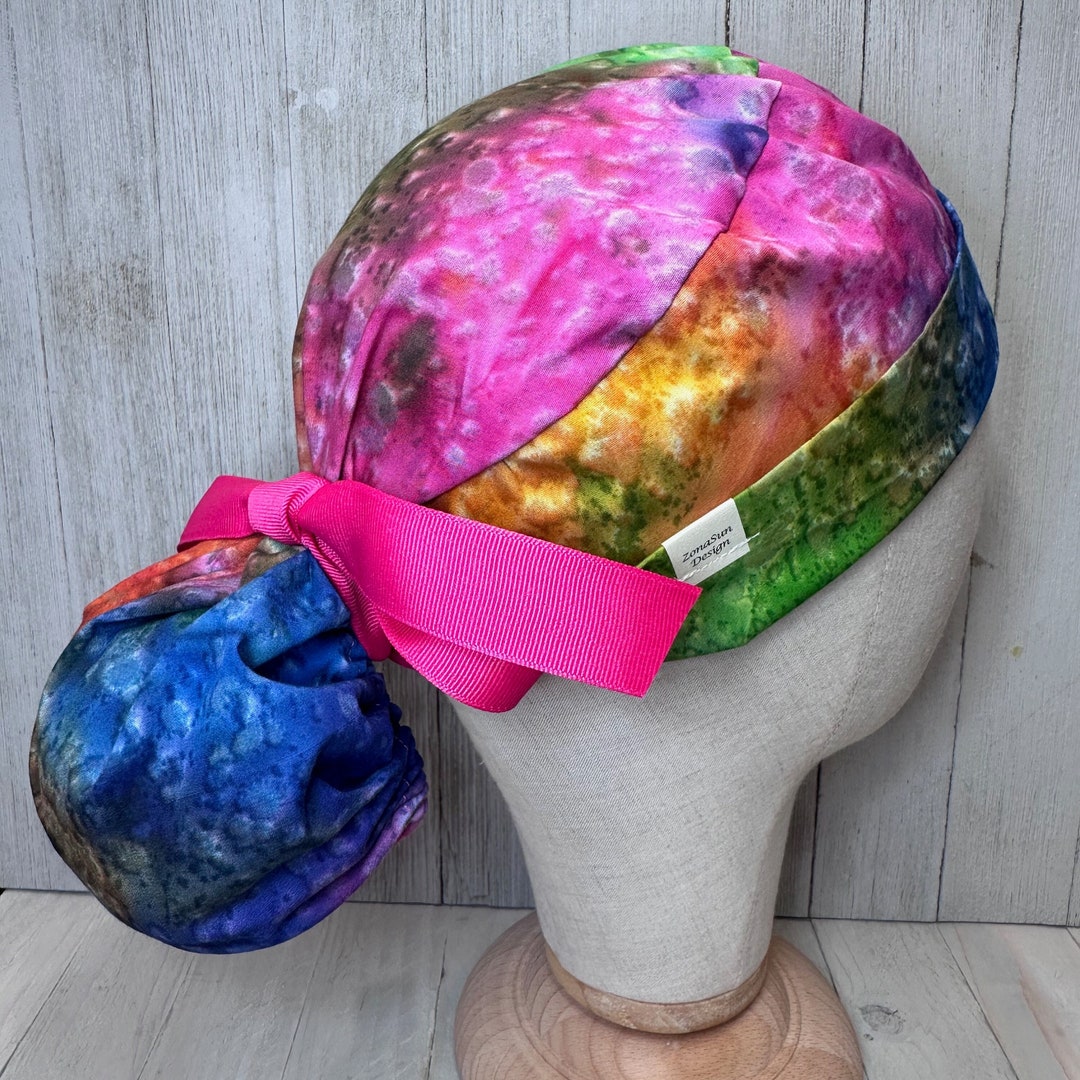 Tie Dye Batik Cotton Ponytail Scrub Cap: Women's Multi-color OR ...