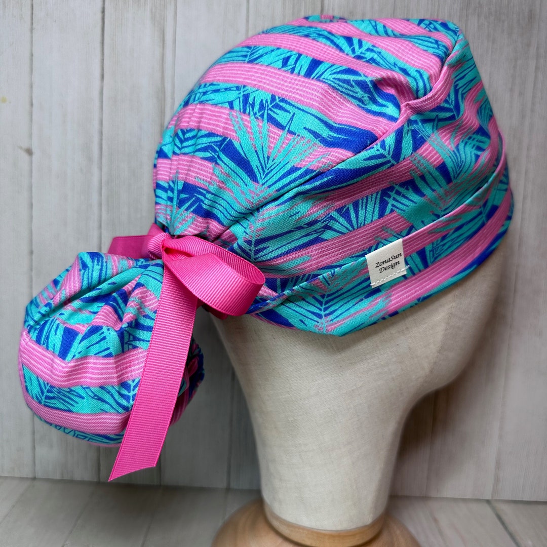 Mint Palms & Pink Stripes Ponytail Scrub Cap for Women, Tropical ...