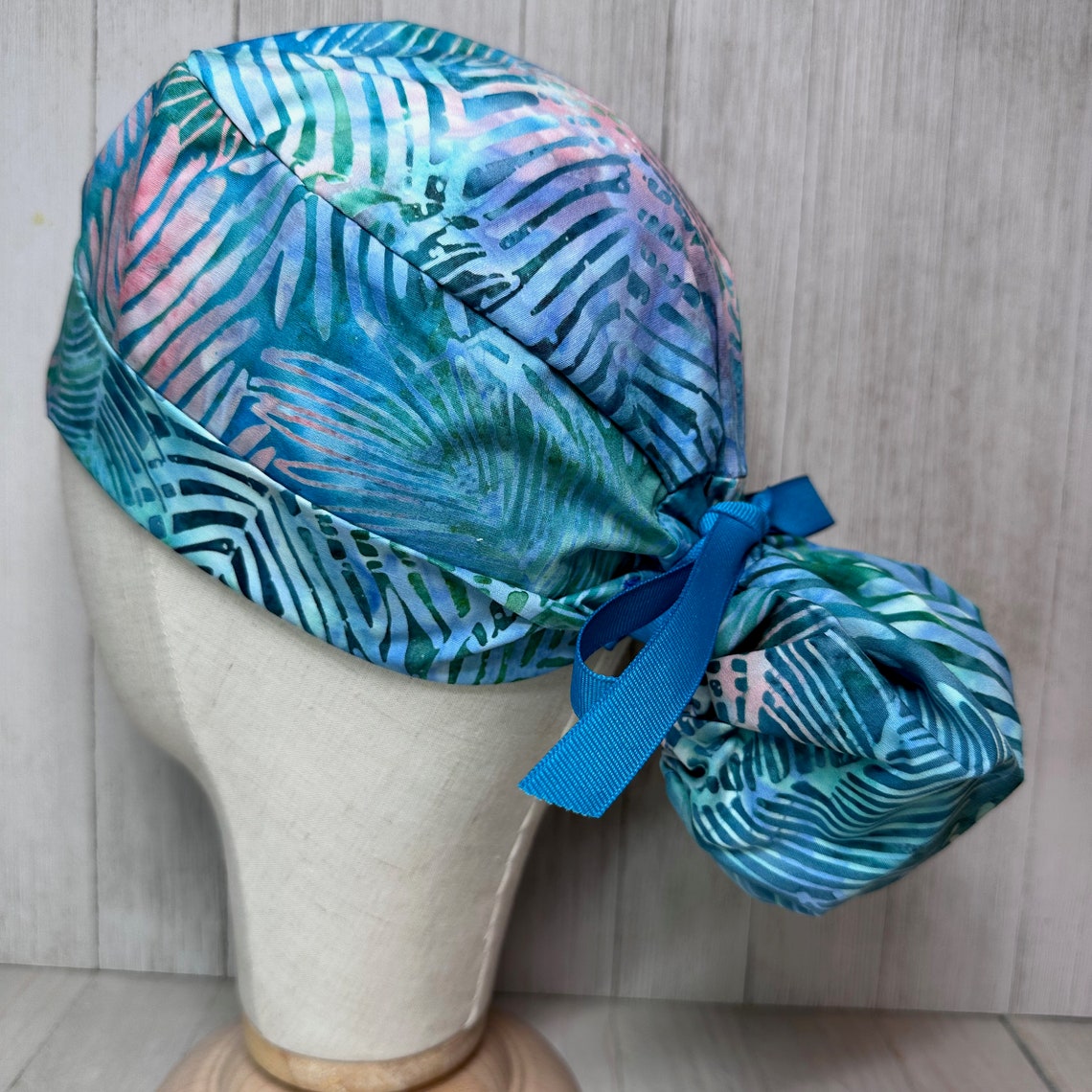Tropical Batik Cotton Ponytail Scrub Cap: Women's Colorful Foliage OR ...