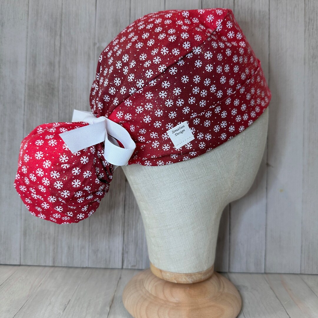 Snowflakes Glitter Sparkles Ponytail Scrub Cap: Women's Maroon to Red ...