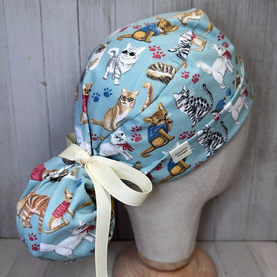 Sassy Cats Ponytail Scrub Cap for Women, Lounging Felines Surgical OR ...