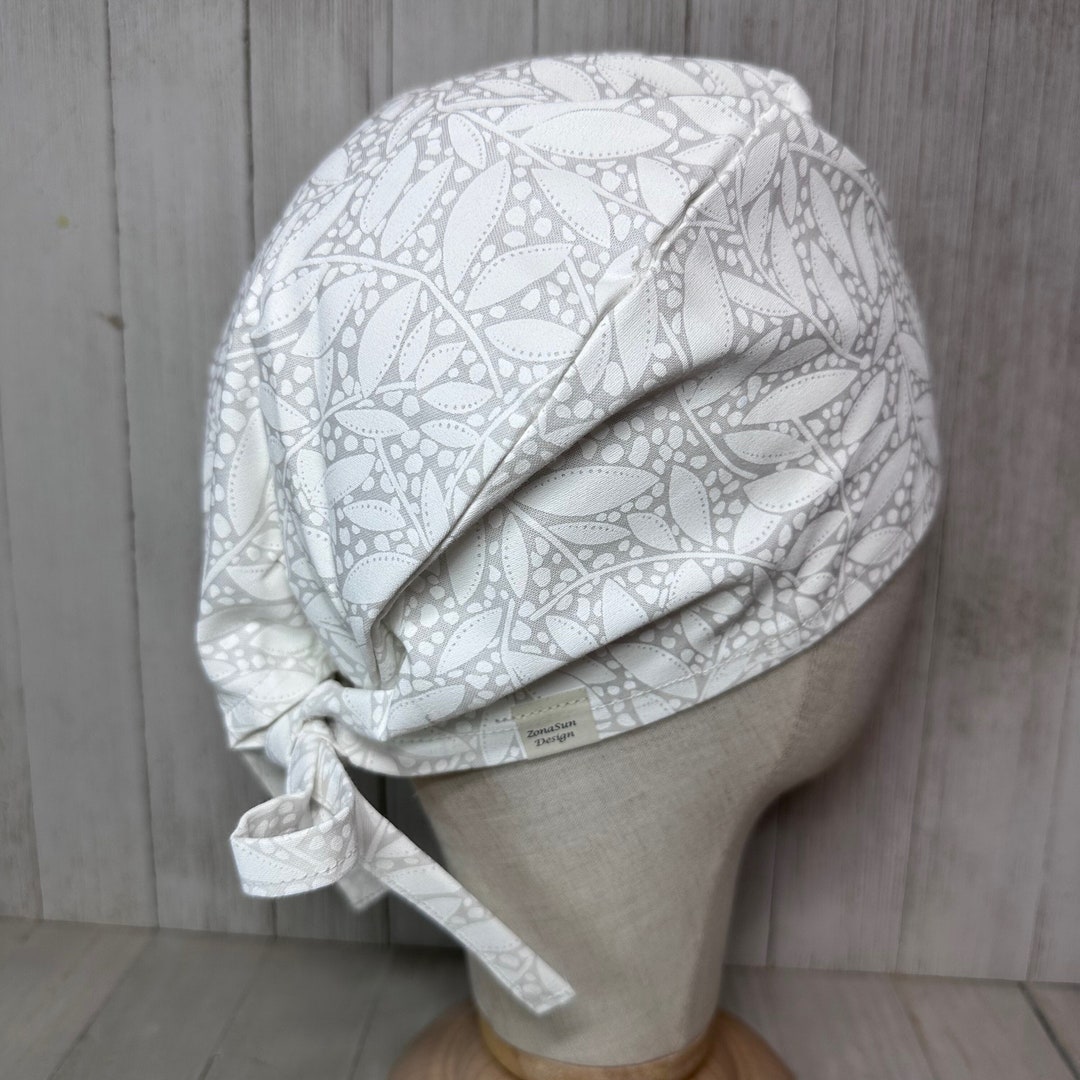 Leaf Print Tie-back Unisex Scrub Cap: Men/women's White & Gray OR ...