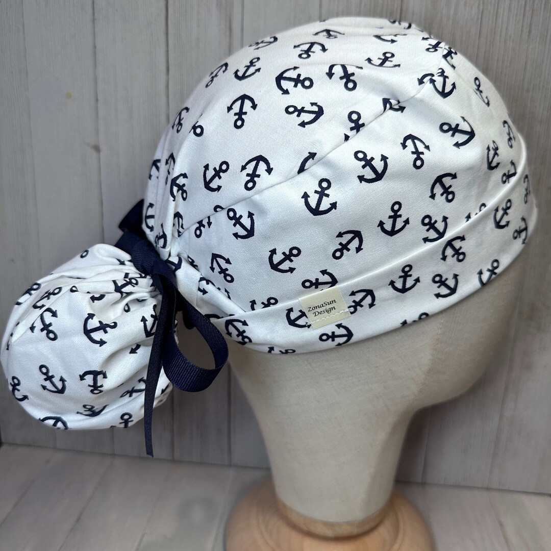 Navy Blue Anchors on White Ponytail Scrub Cap: Women's Nautical Cotton ...