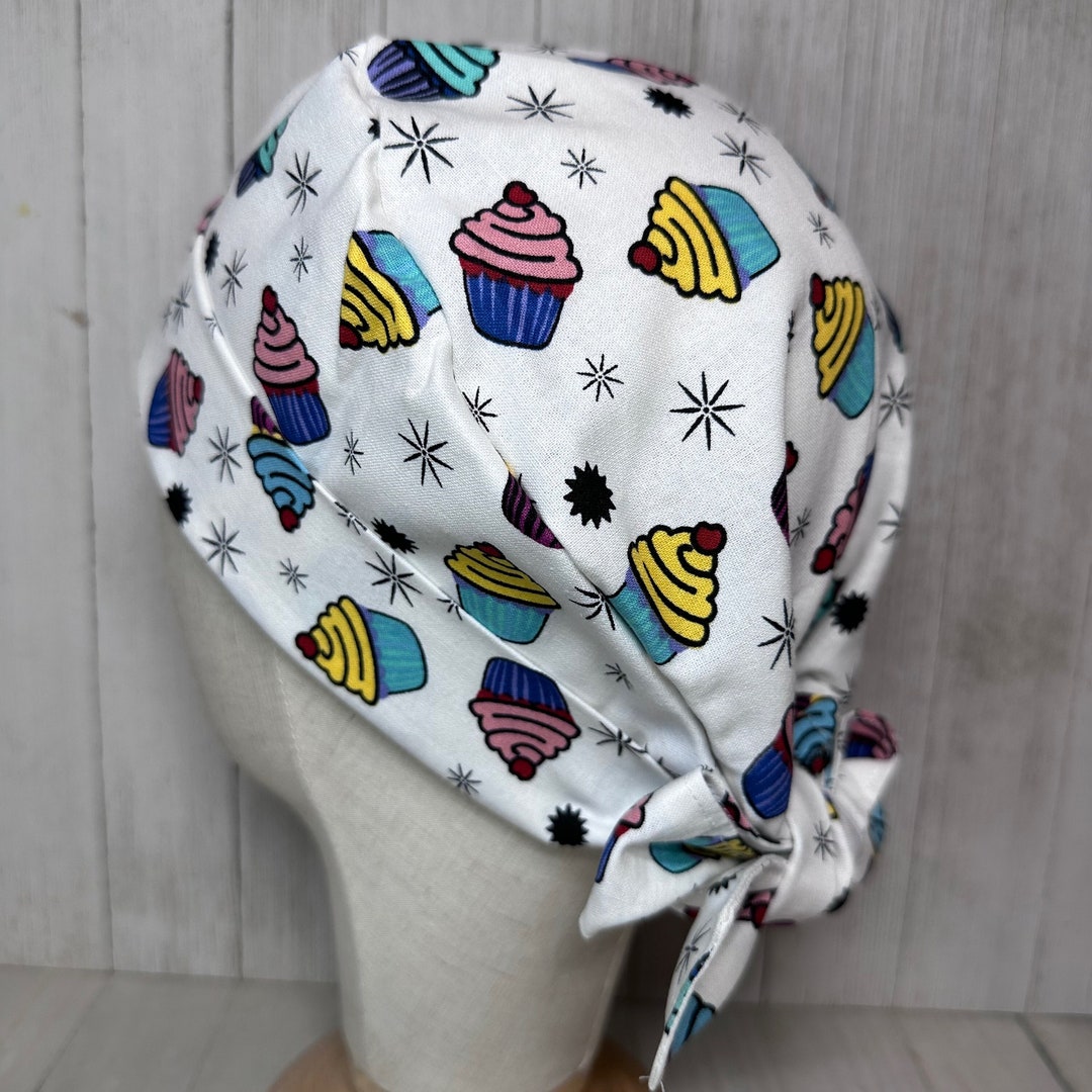 Cupcakes Pixie Tie-back Scrub Cap for Women, Confection Surgical OR Hat ...