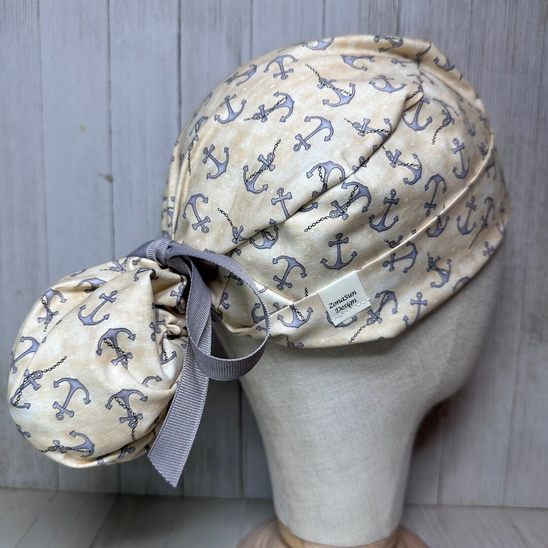Silver Anchors Ponytail Scrub Cap for Women, Nautical Sea Maritime Icon ...