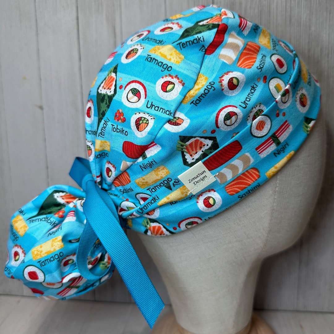 Sushi Menu Ponytail Scrub Cap for Women, Japanese Food Surgical OR Hat ...